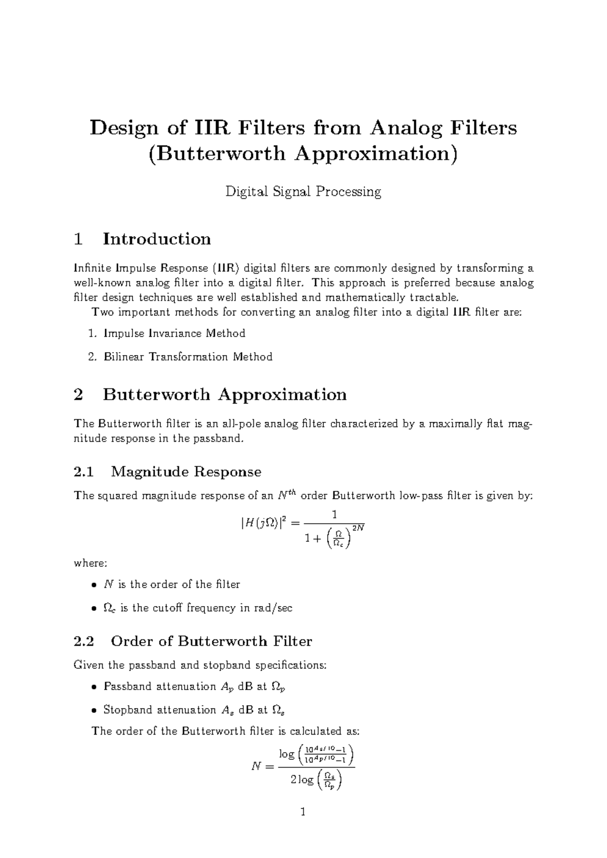 IIR Filter Design from Analog Butterworth Filters - DSP 1 Notes - Studocu