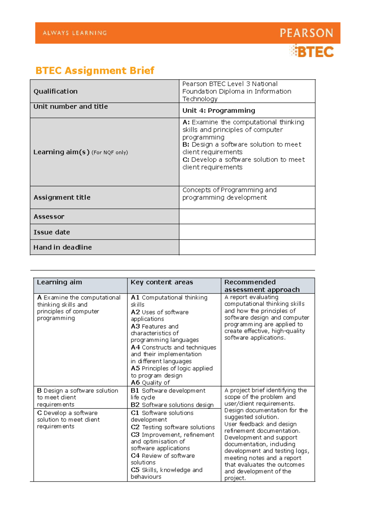 Unit 4: Programming Assignment Brief for Learning Aim A - BTEC Level 3 IT - Studocu