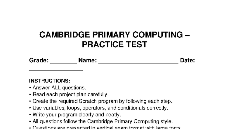 Practice test project plan - CAMBRIDGE PRIMARY COMPUTING – PRACTICE ...