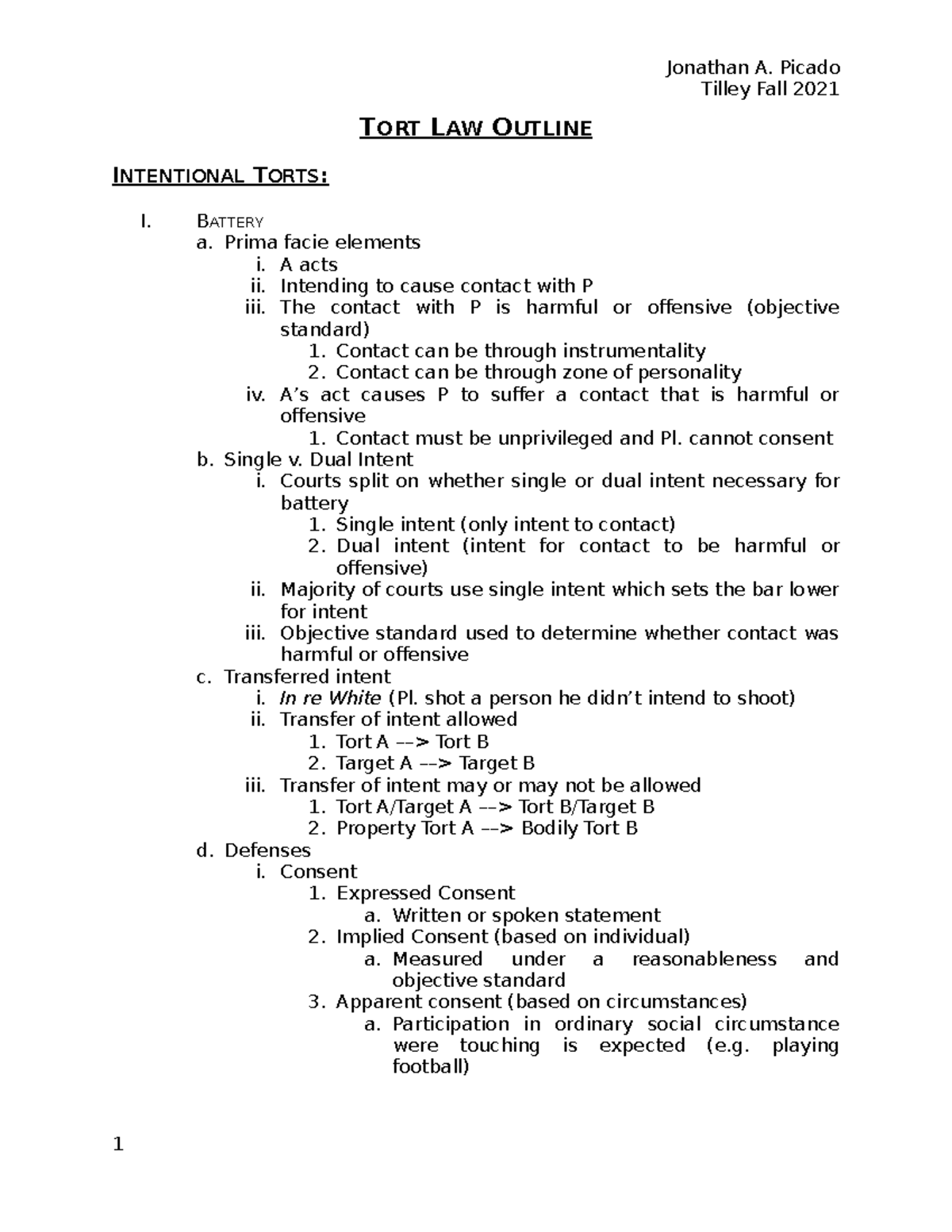 Tort Law (Course Code: LAW101) - Comprehensive Outline for Fall 2021 ...