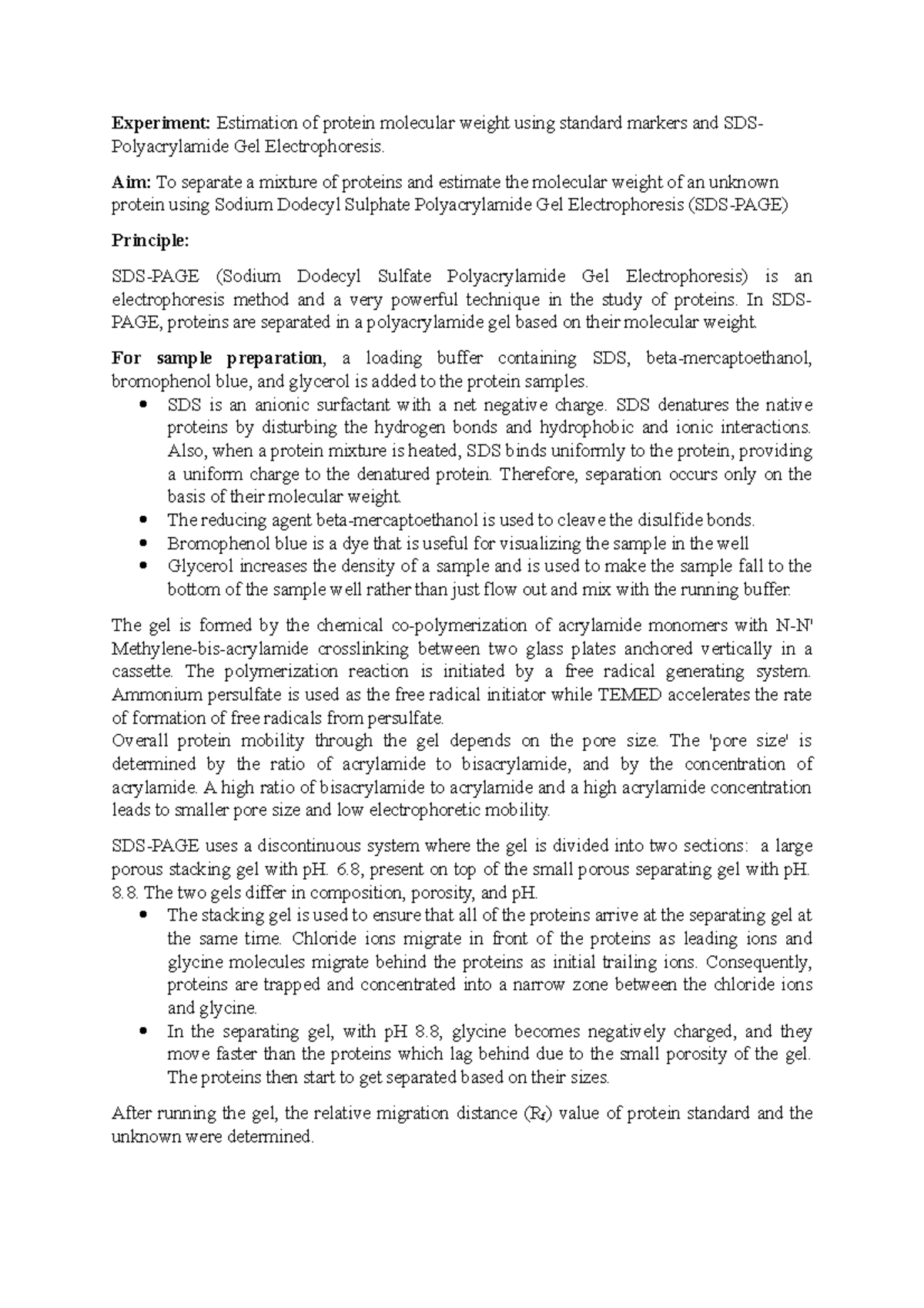 SDS-PAGE Experiment: Estimating Protein Molecular Weight Analysis - Studocu