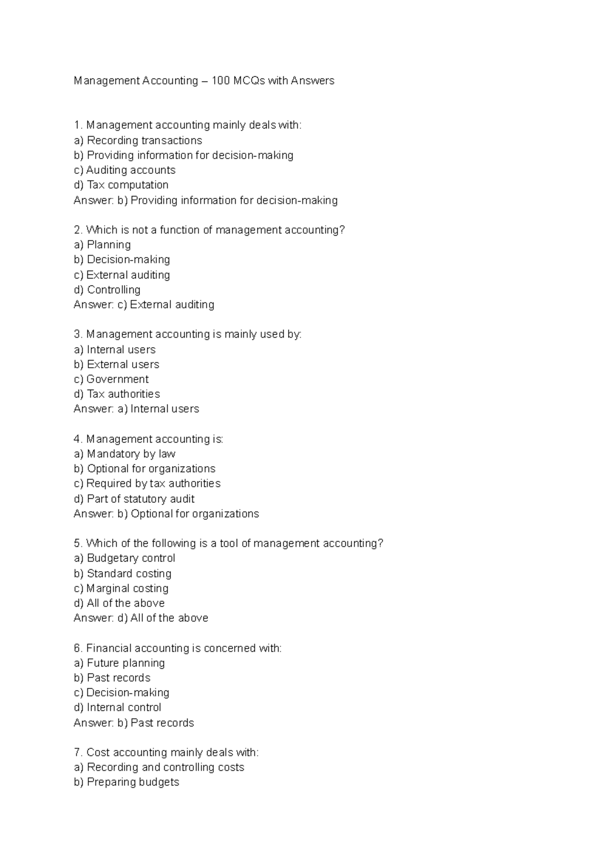 Management Accounting 100 MCQs with Answers: Study Guide - Studocu