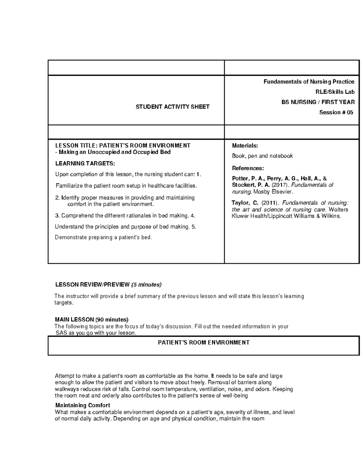 NUR 092 SAS Session 5 - FUNDAMENTAL - STUDENT ACTIVITY SHEET ...