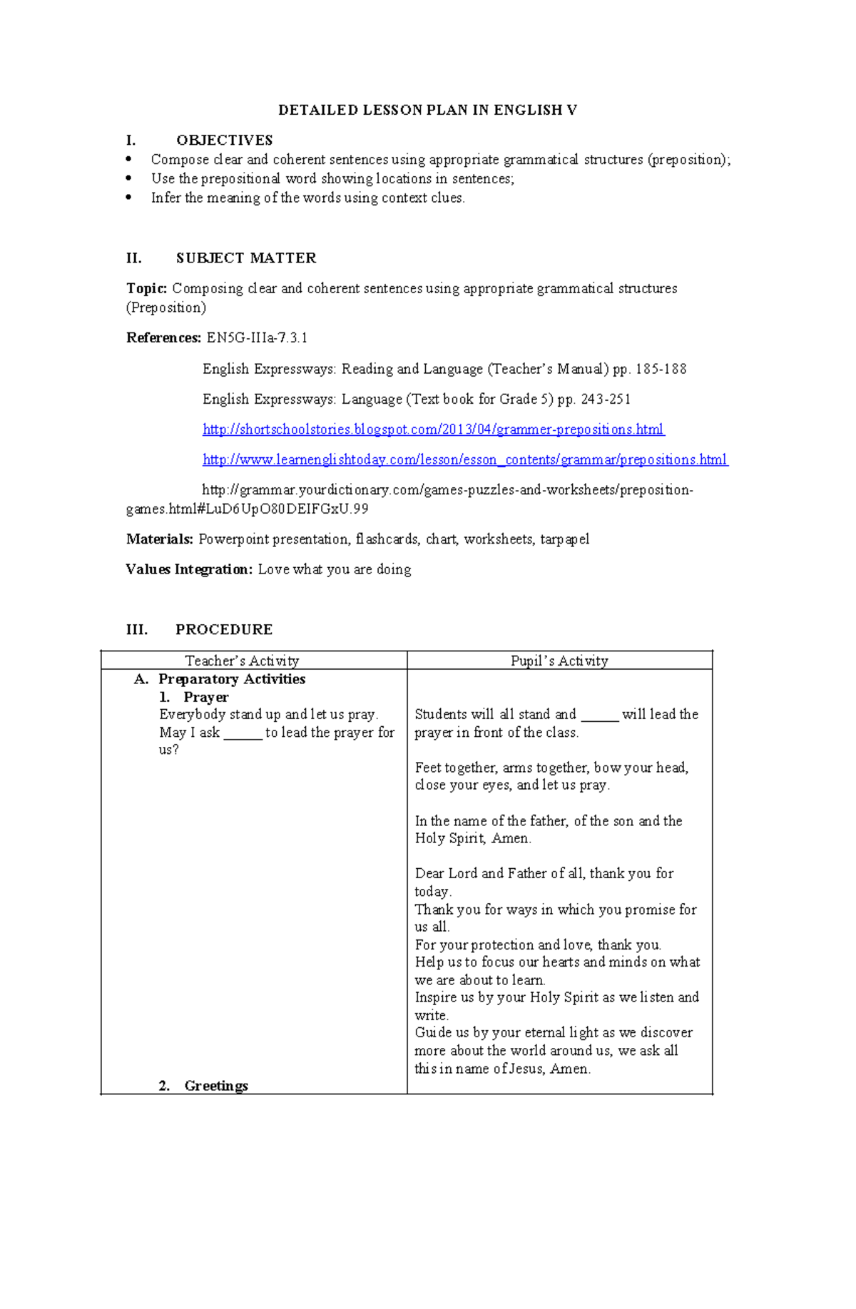 Detailed Lesson Plan on Prepositions for English V - Studocu