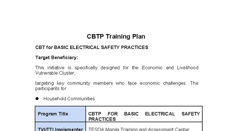 CBTP Training Plan for Basic Electrical Safety Practices - Studocu