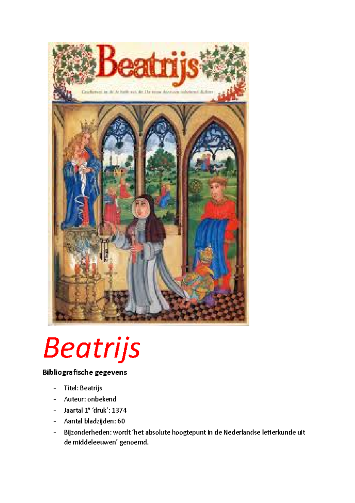 LV Beatrijs - Analyse van de Middeleeuwse Legende - Studeersnel