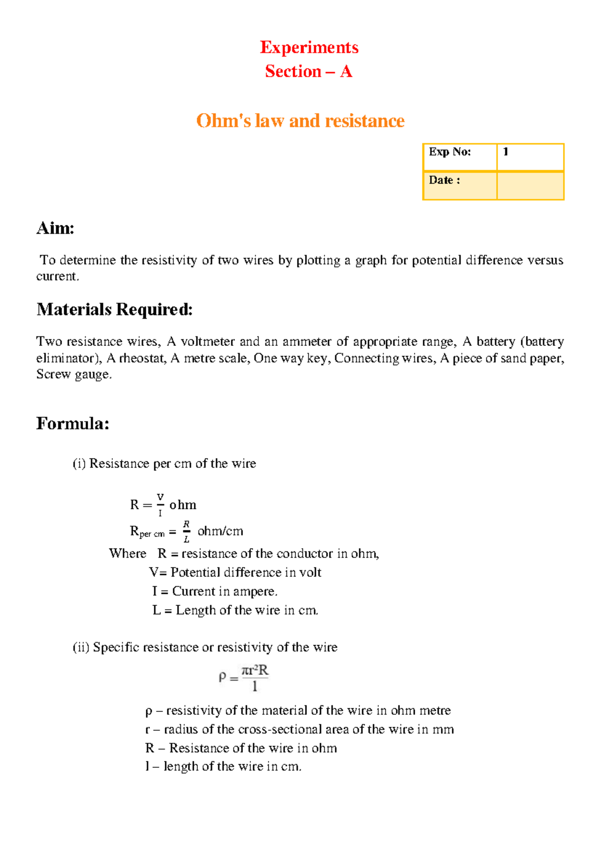 Physics Experiments (Class 12) - Law of Resistance & Refractive Index ...