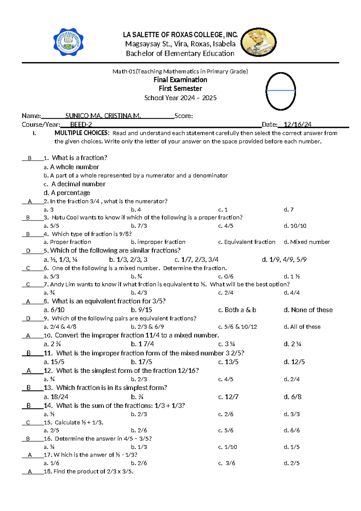 Math 01 - Teaching Math in Primary Grades Final Exam 2024-2025 - Studocu