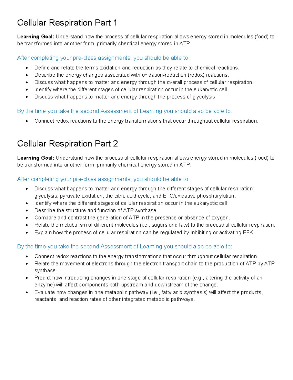 LS 7A Week 4 Learning Goals: Cellular Respiration Overview - Studocu