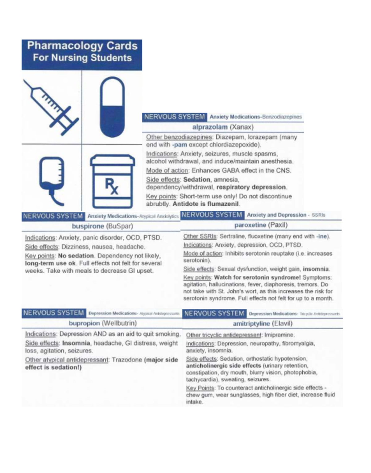 Pharmacology Study Cards for Nursing Students: NERVOUS SYSTEM Focus ...