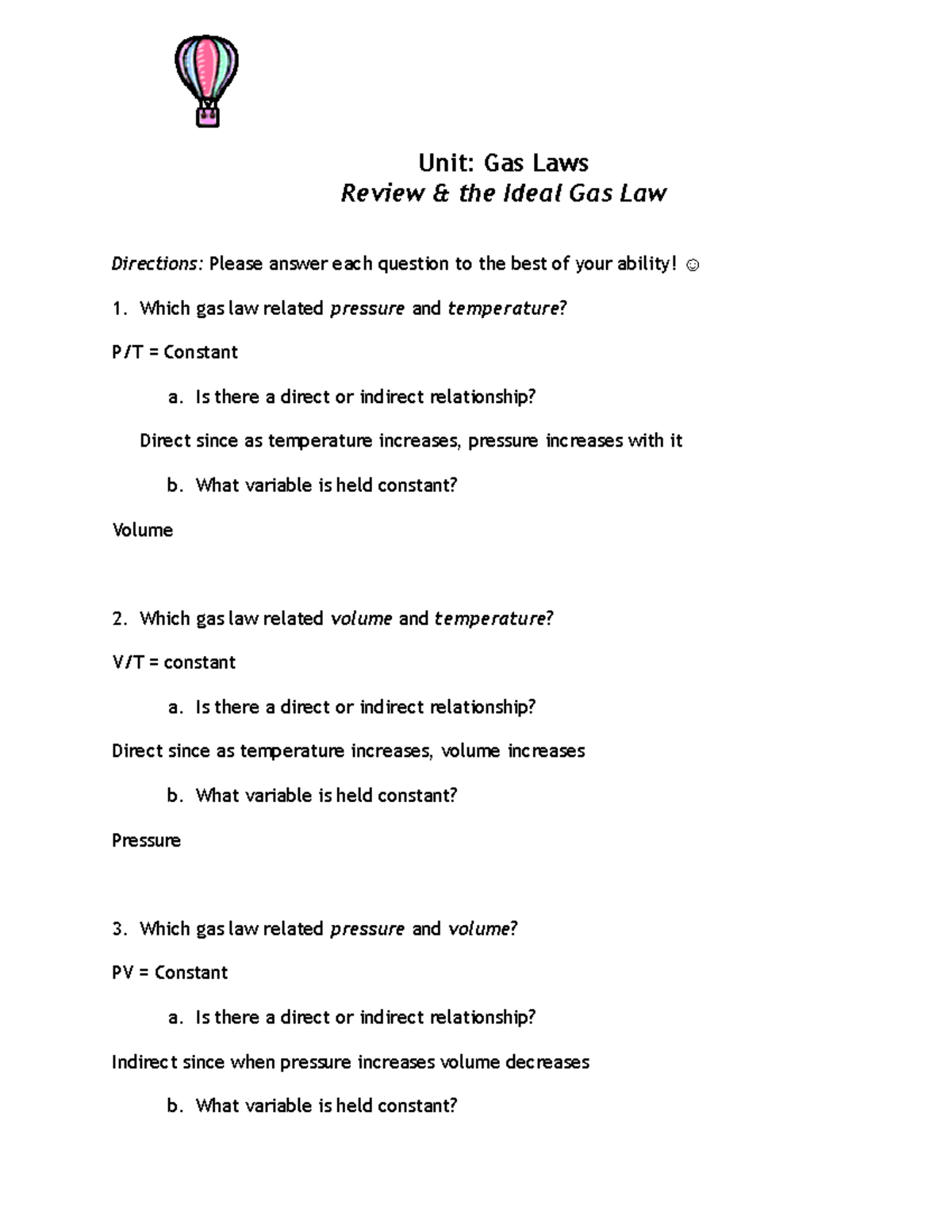 Copy of Review and Ideal Gas Law - Unit: Gas Laws Review & the Ideal ...