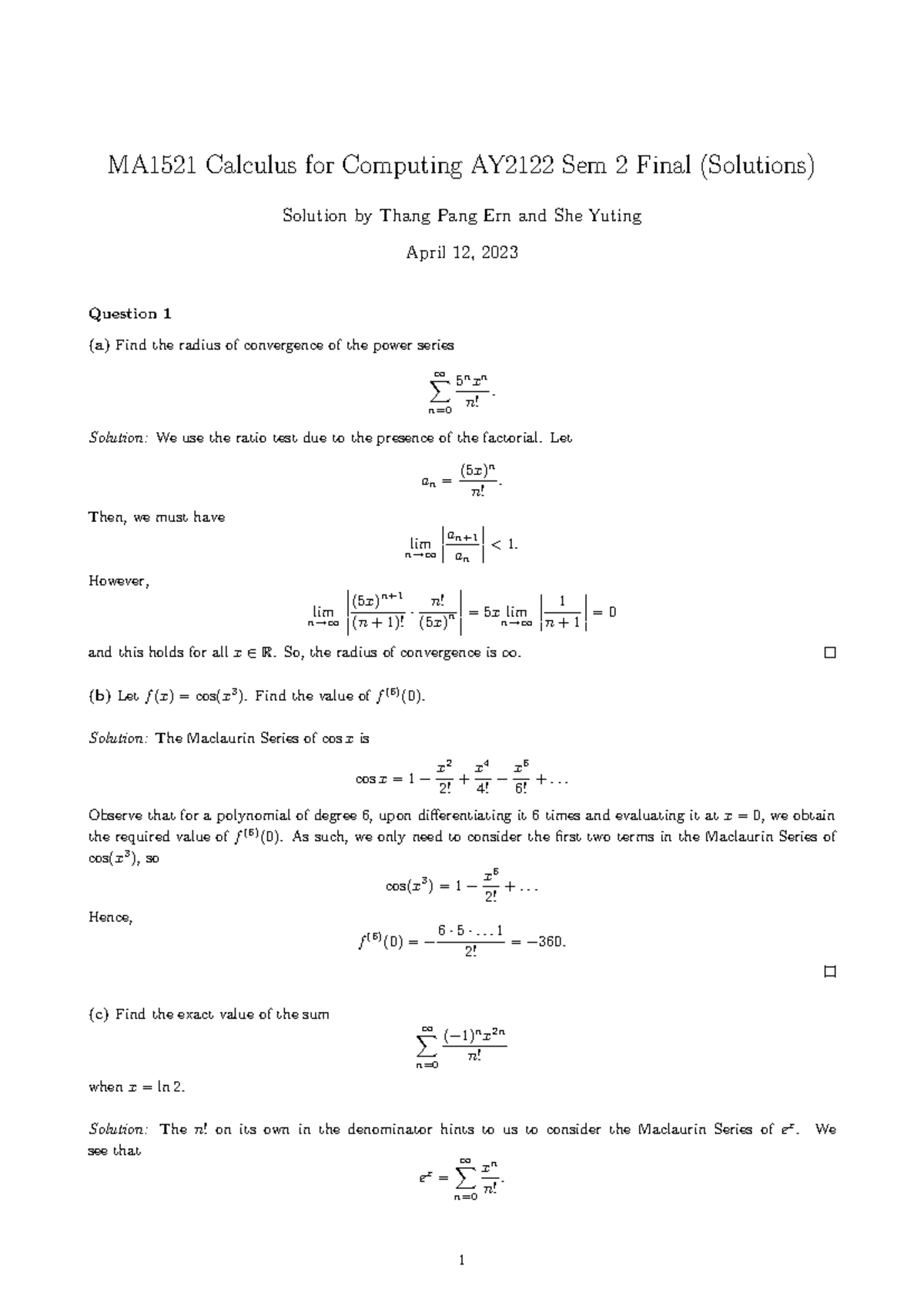 1718SEM1-MA1521 sol - MA1521 Calculus for Computing AY2122 Sem 2 Final (Solutions) Solution by ...
