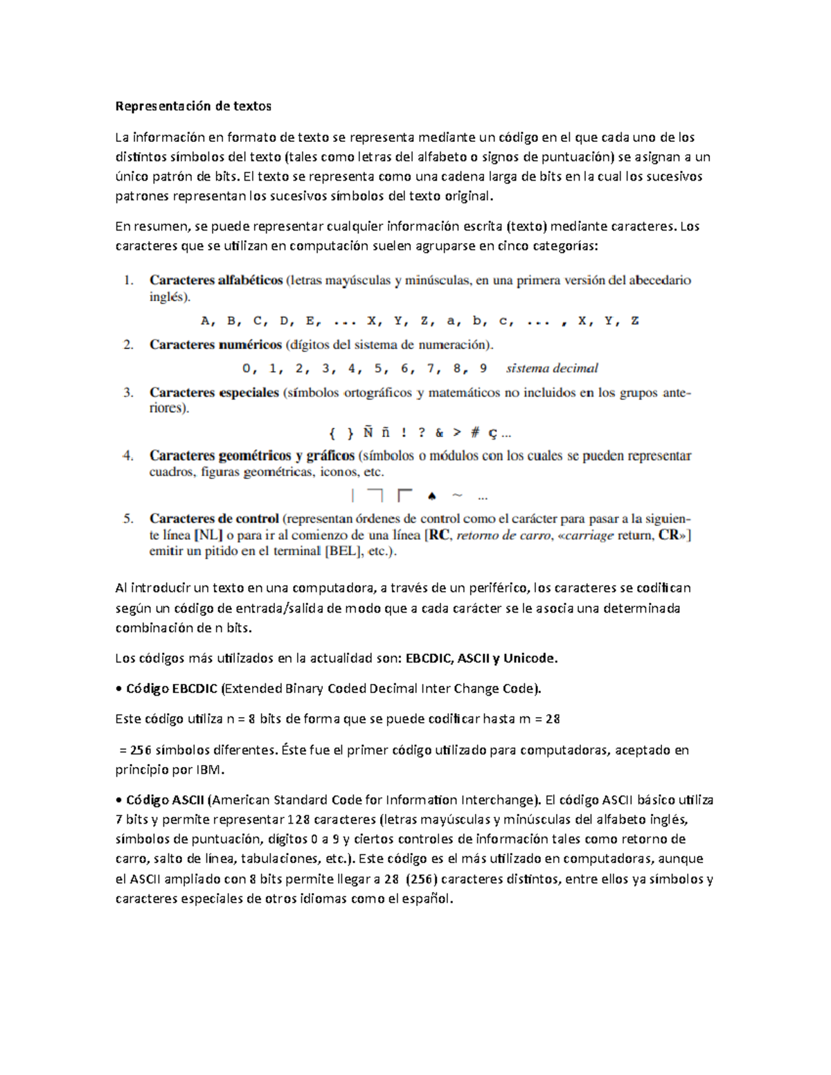 Representación de Textos y Códigos: EBCDIC, ASCII, Unicode - Studocu