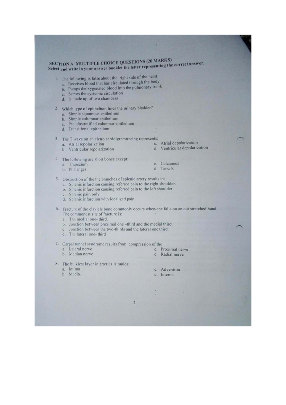 Anatomy MCQ & Short Answer Questions - ANAT 101 - Studocu