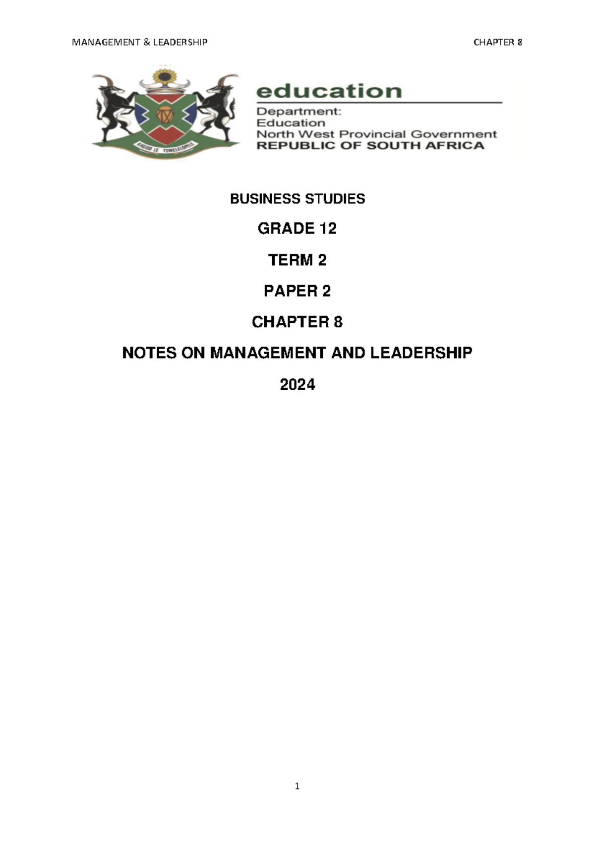 BSTD Gr 12 Term 2 Chapter 8 Notes on Management & Leadership - Studocu