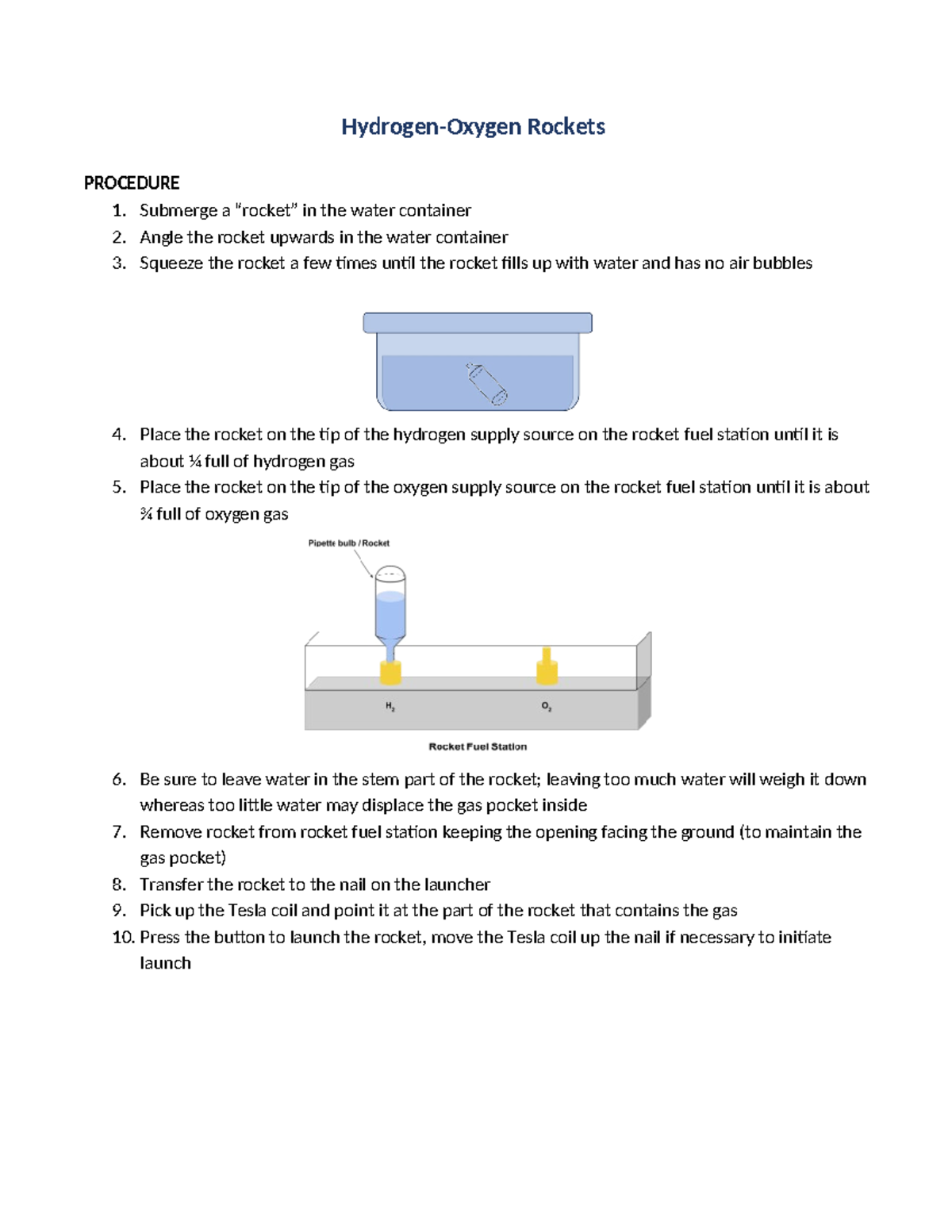 Lab10 - H2 + O2 Rockets - lab - Hydrogen-Oxygen Rockets PROCEDURE ...