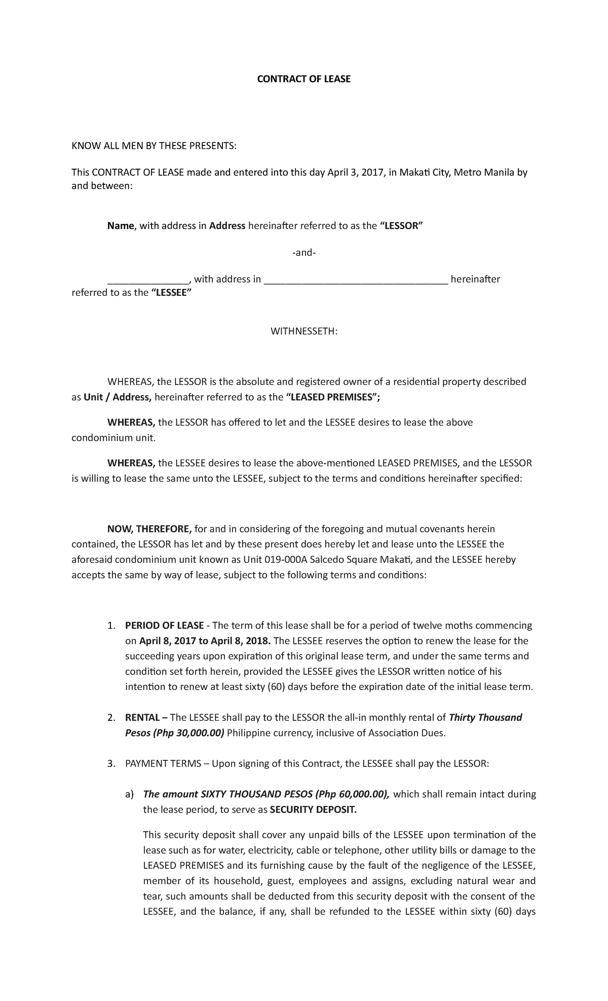 Contract of Lease Agreement Sample - Residential Unit - Studocu