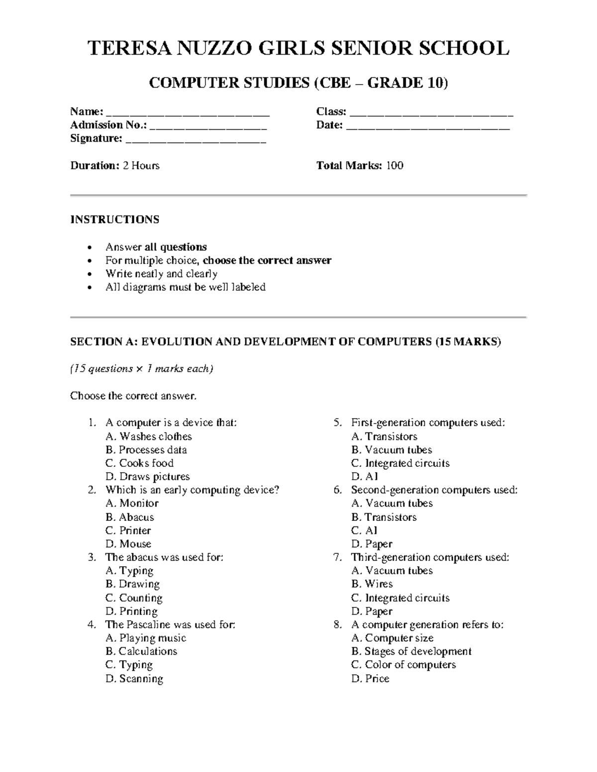 Grade 10 Computer Studies Exam: Evolution, Architecture & History (CBE ...