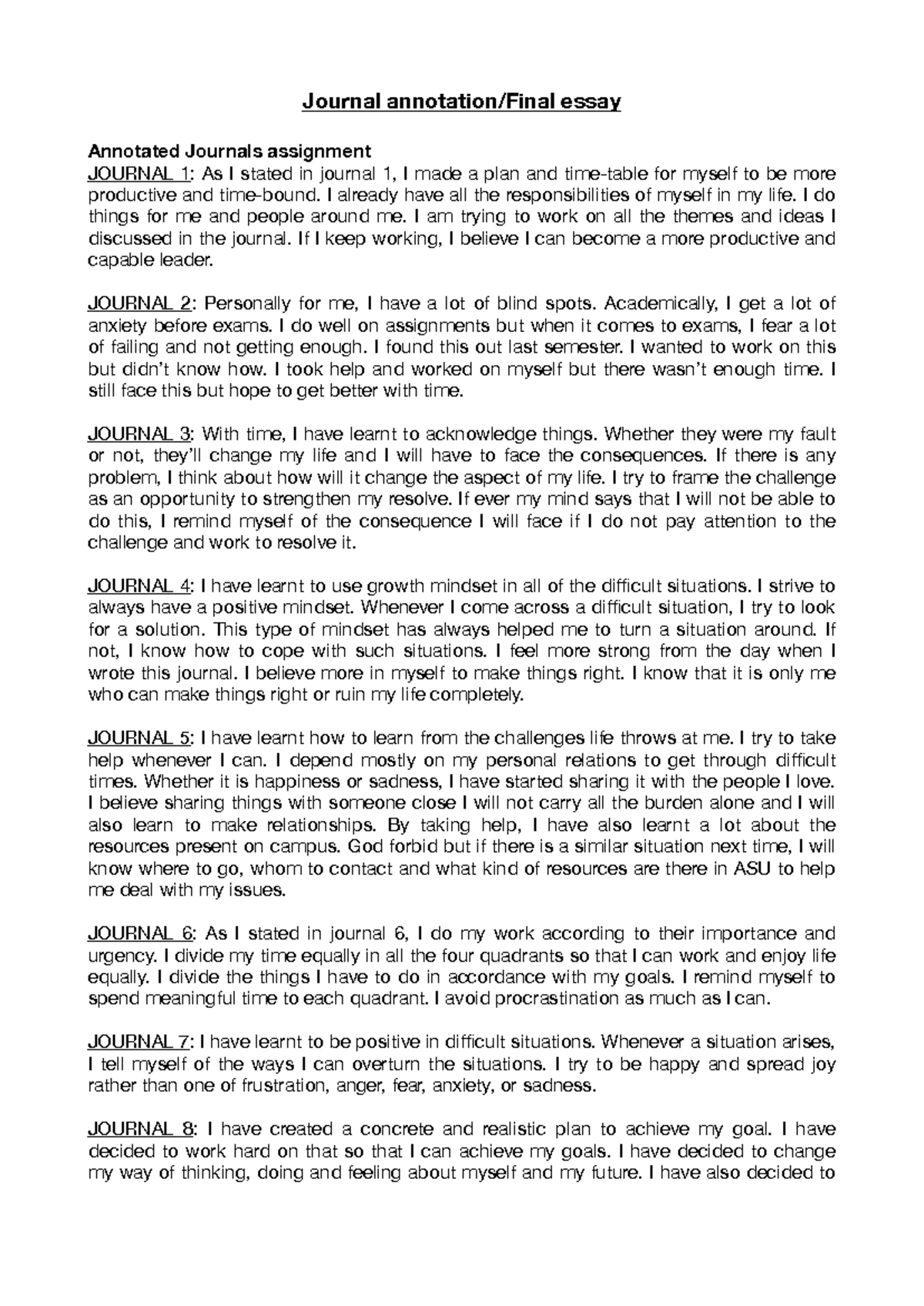 UNI 220 Final Project: Annotated Journals and Reflection Essay - Studocu