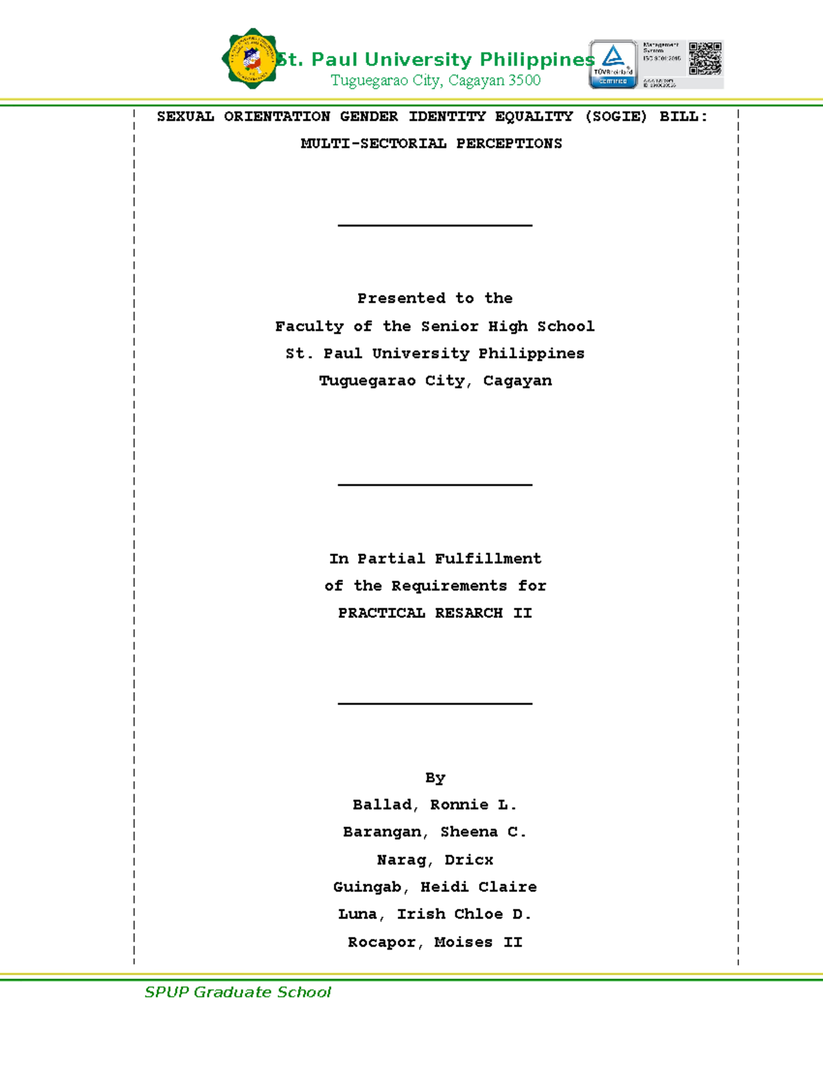 Final Research Paper on SOGIE Bill: Multi-Sectoral Views (PR II) - Studocu