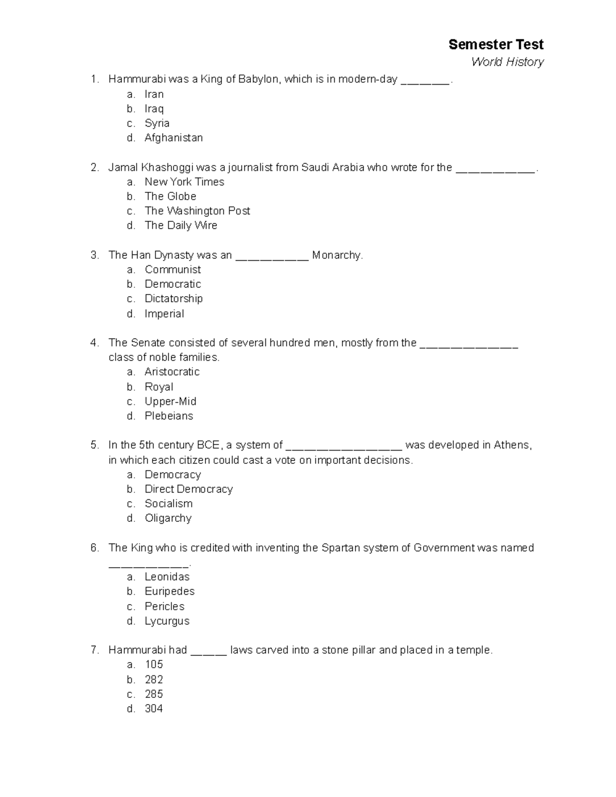 World History Semester Test Questions and Answers - Studocu