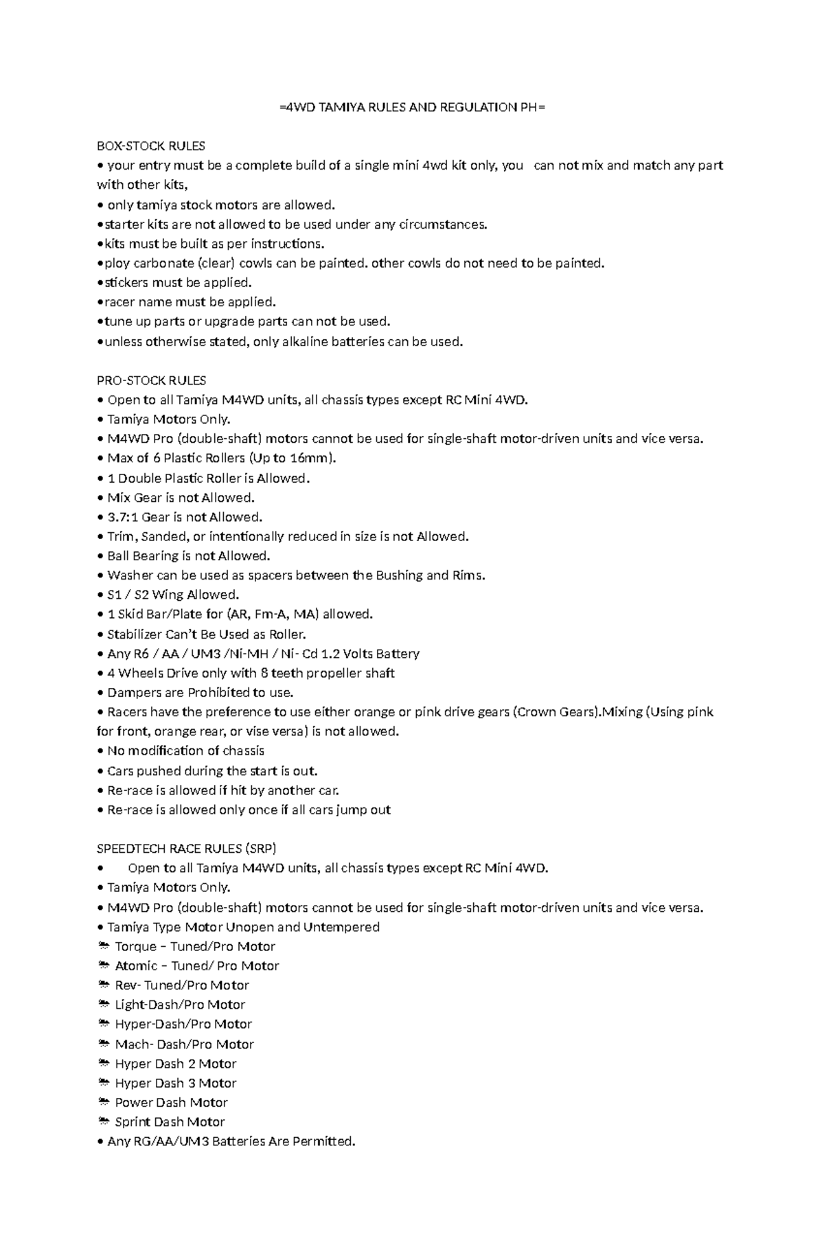 4WD Tamiya Racing Rules & Regulations (PH) for Mini 4WD Kits - Studocu