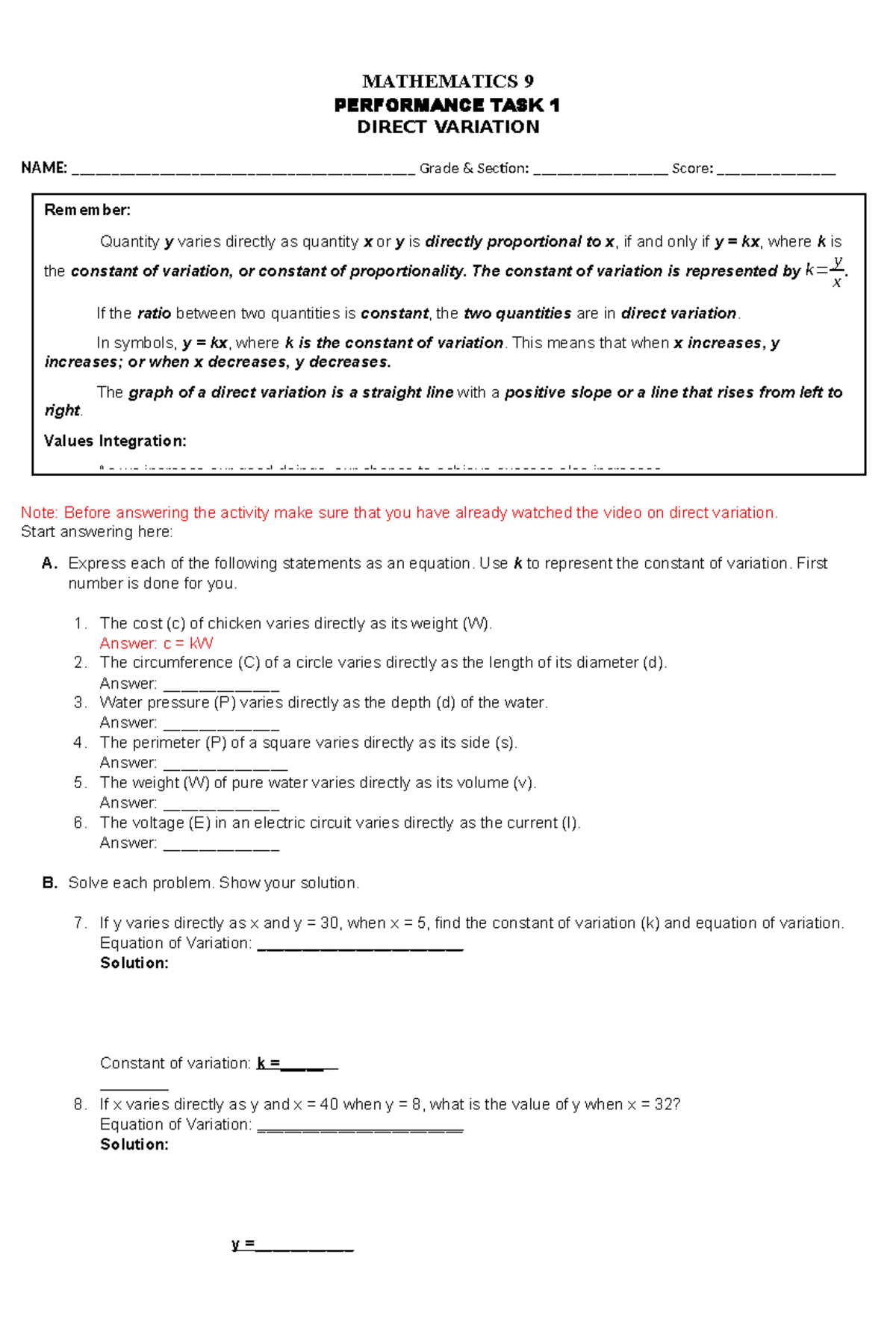 MATHEMATICS 9 PERFORMANCE TASK 1: Direct Variation Concepts - Studocu