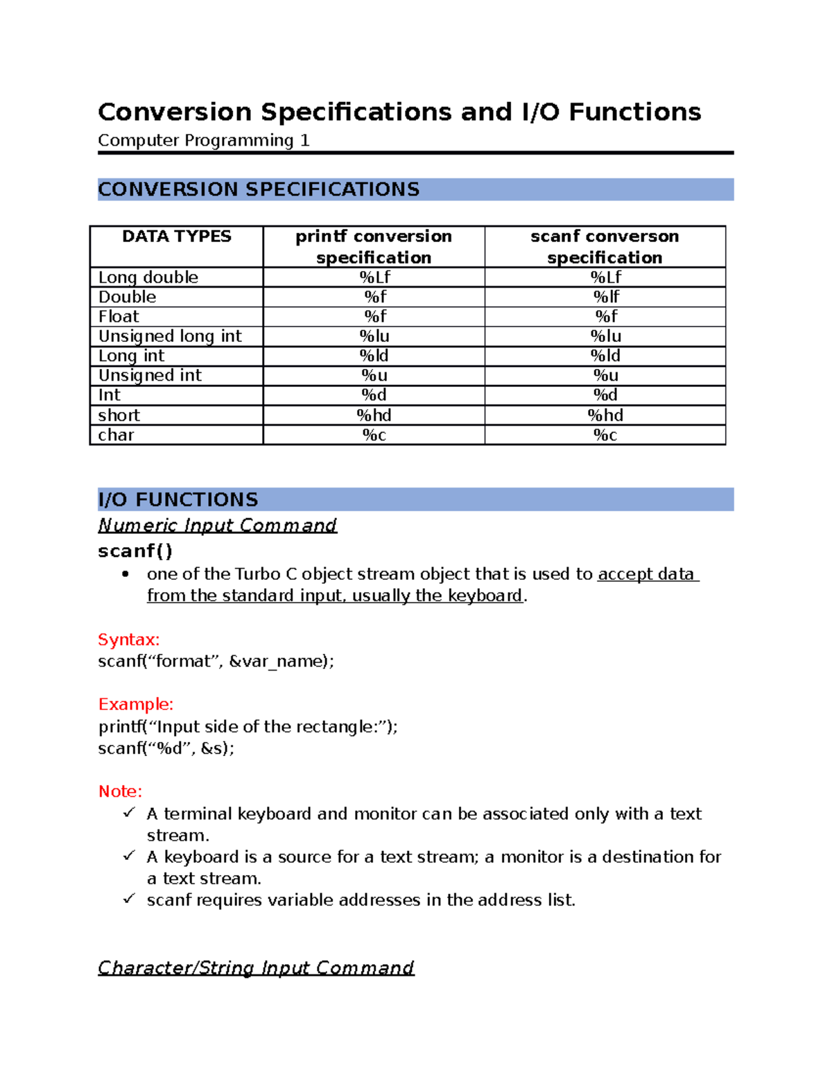 Conversion Specifications and IO Functions - Conversion Specifications ...