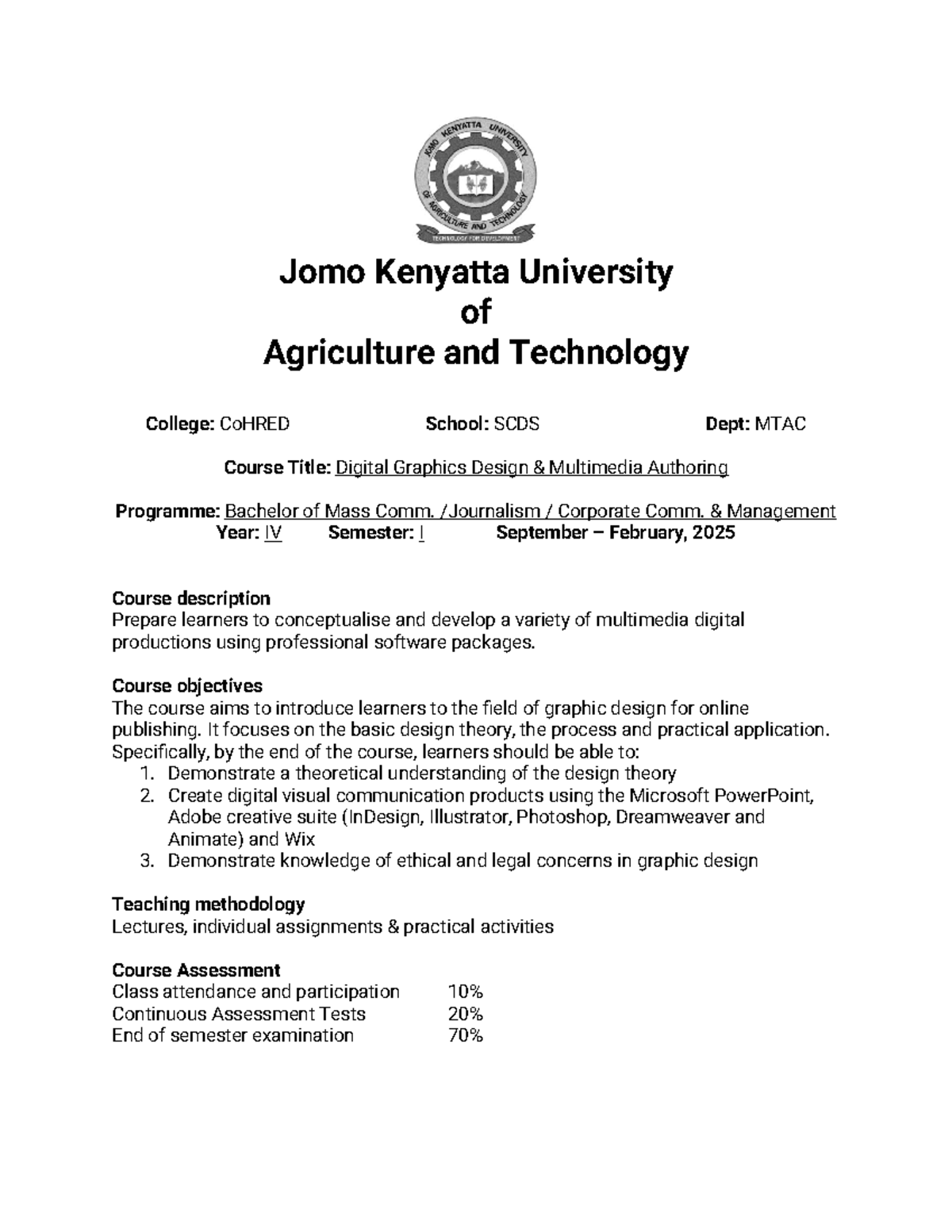 Digital Graphics Design Course Outline - BMC 4.1 - JKUAT - Studocu