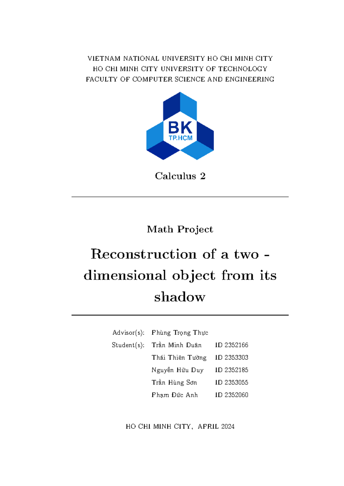 Calculus 2 K23 Project: Reconstructing 2D Objects from Shadows - Studocu
