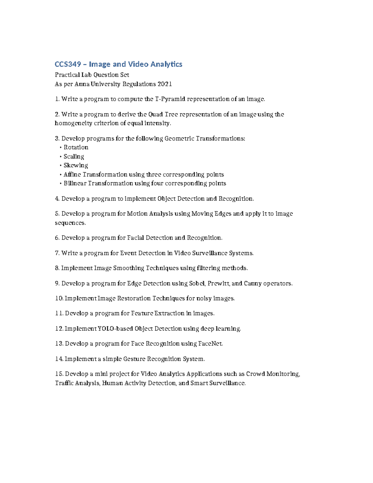 CCS349 Image and Video Analytics Practical Lab Questions Set - Studocu