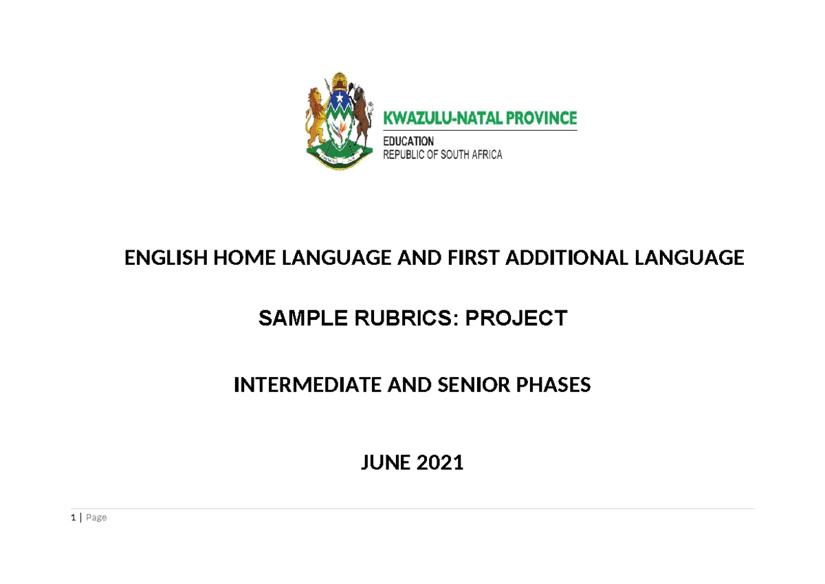 ENGLISH HL & FAL SAMPLE RUBRICS: PROJECT ASSESSMENT 2021 - Studocu
