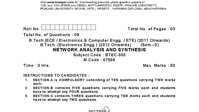 Network Analysis and Synthesis Exam Notes - M.Code: 57585 - Studocu