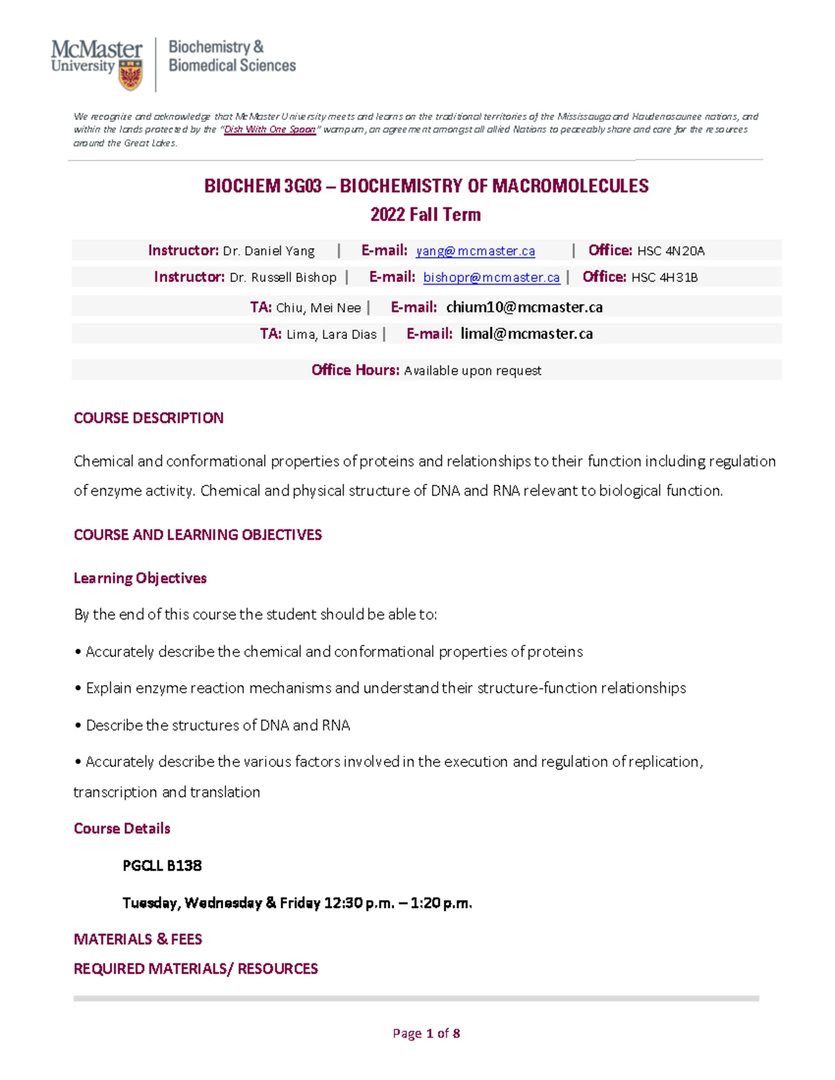 Biochem 3G03 Course Outline - Biochemistry 3G03: Biochemistry of ...