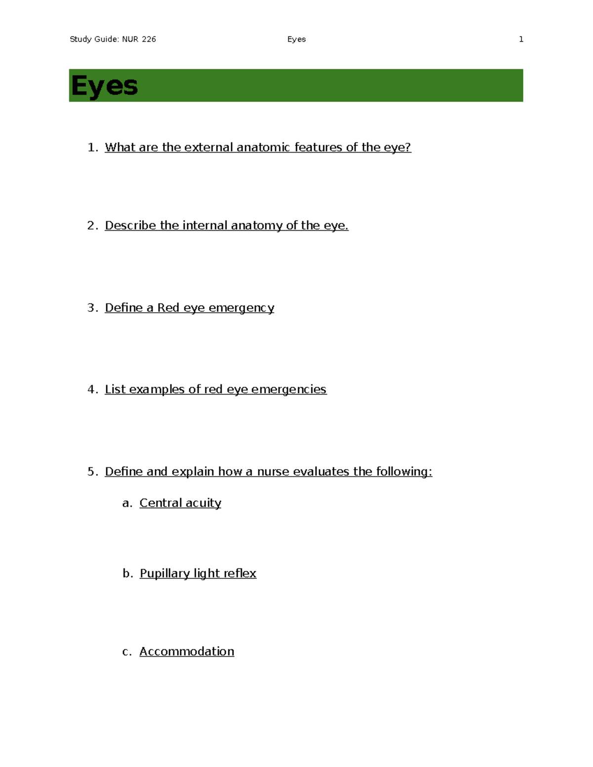 Study Guide: NUR 226 - Anatomy & Assessment of the Eye - Studocu