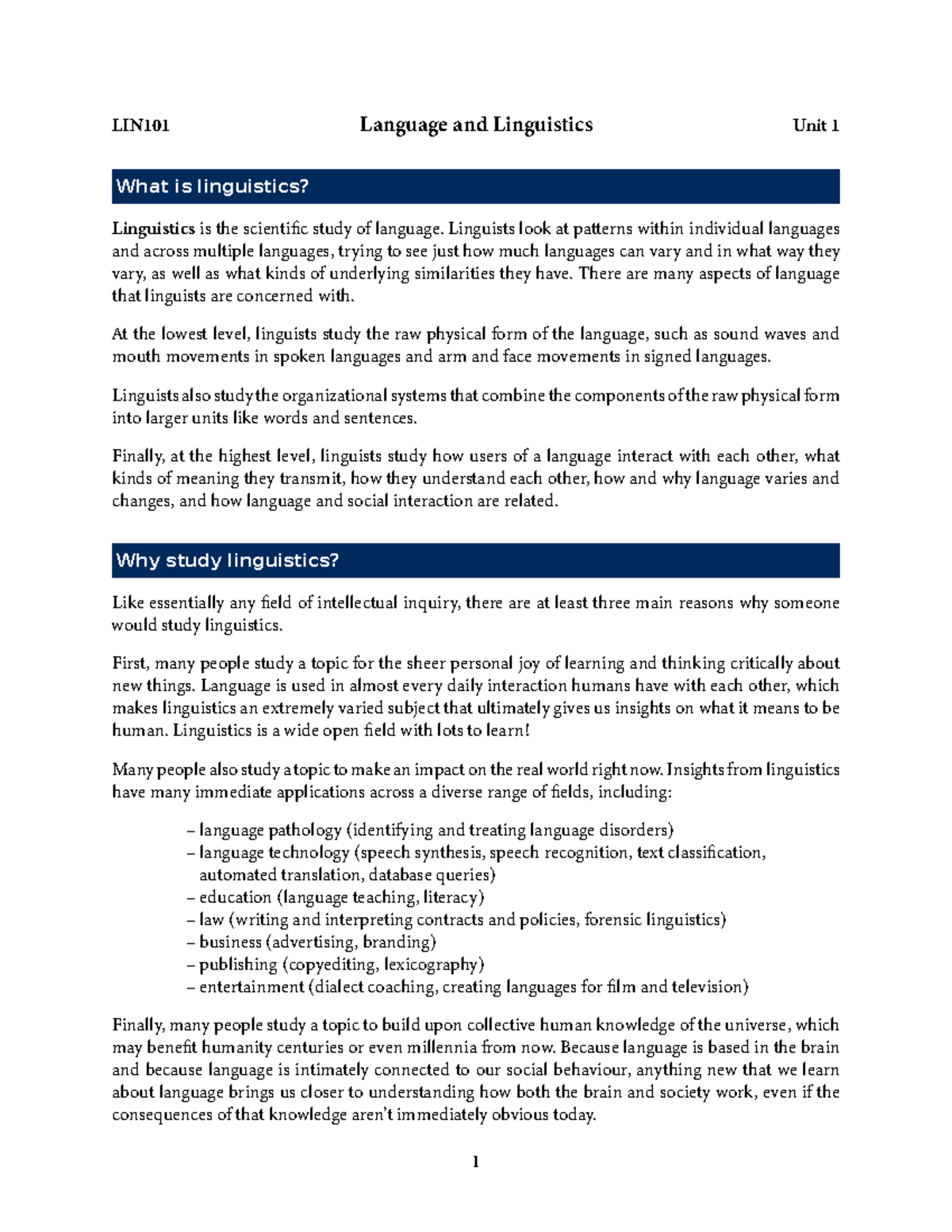 Unit 1 – Language - LIN101 Language and Linguistics Unit 1 What is ...