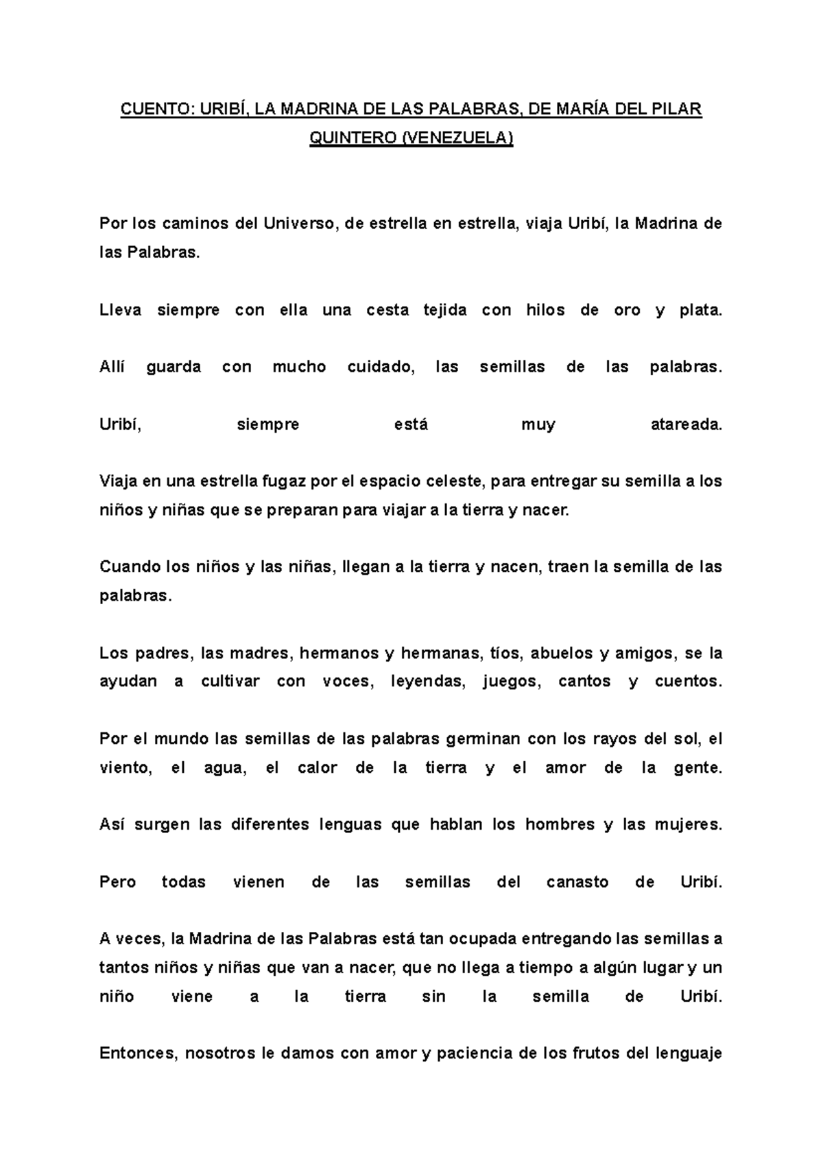 Cuento: Uribí, la Madrina de las Palabras - LECTURAS - Studocu