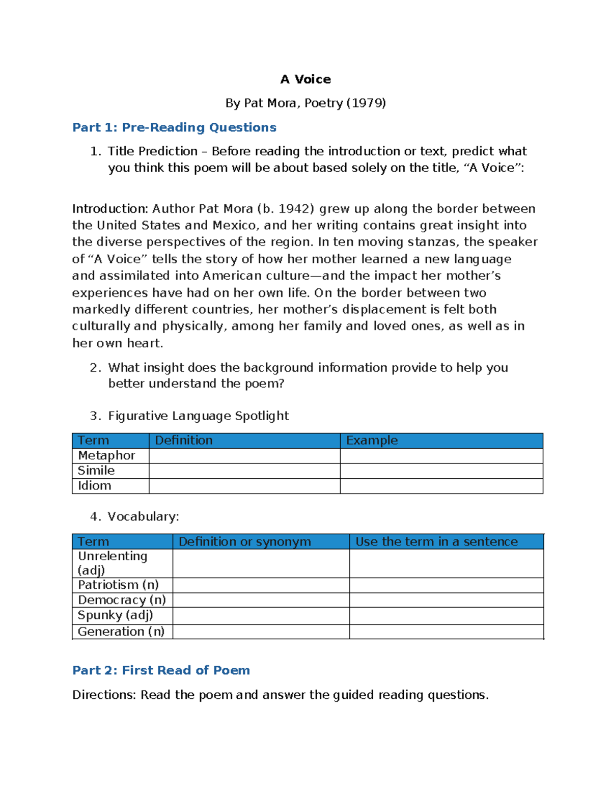 A+Voice+Poem+WS: Analyzing Pat Mora's Poem and Its Themes - Studocu