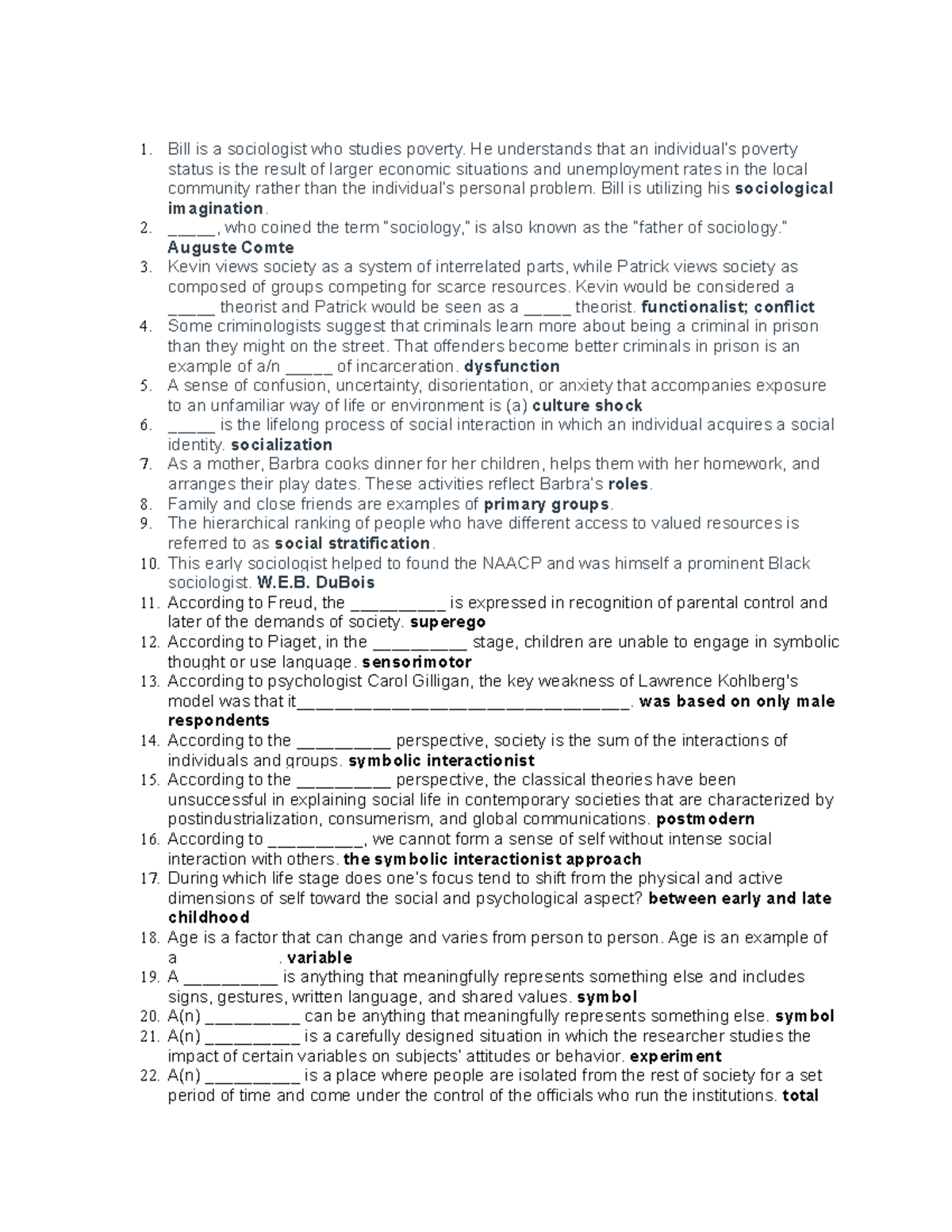 Intro to Sociology Final Exam Study Guide - Bill is a sociologist who ...