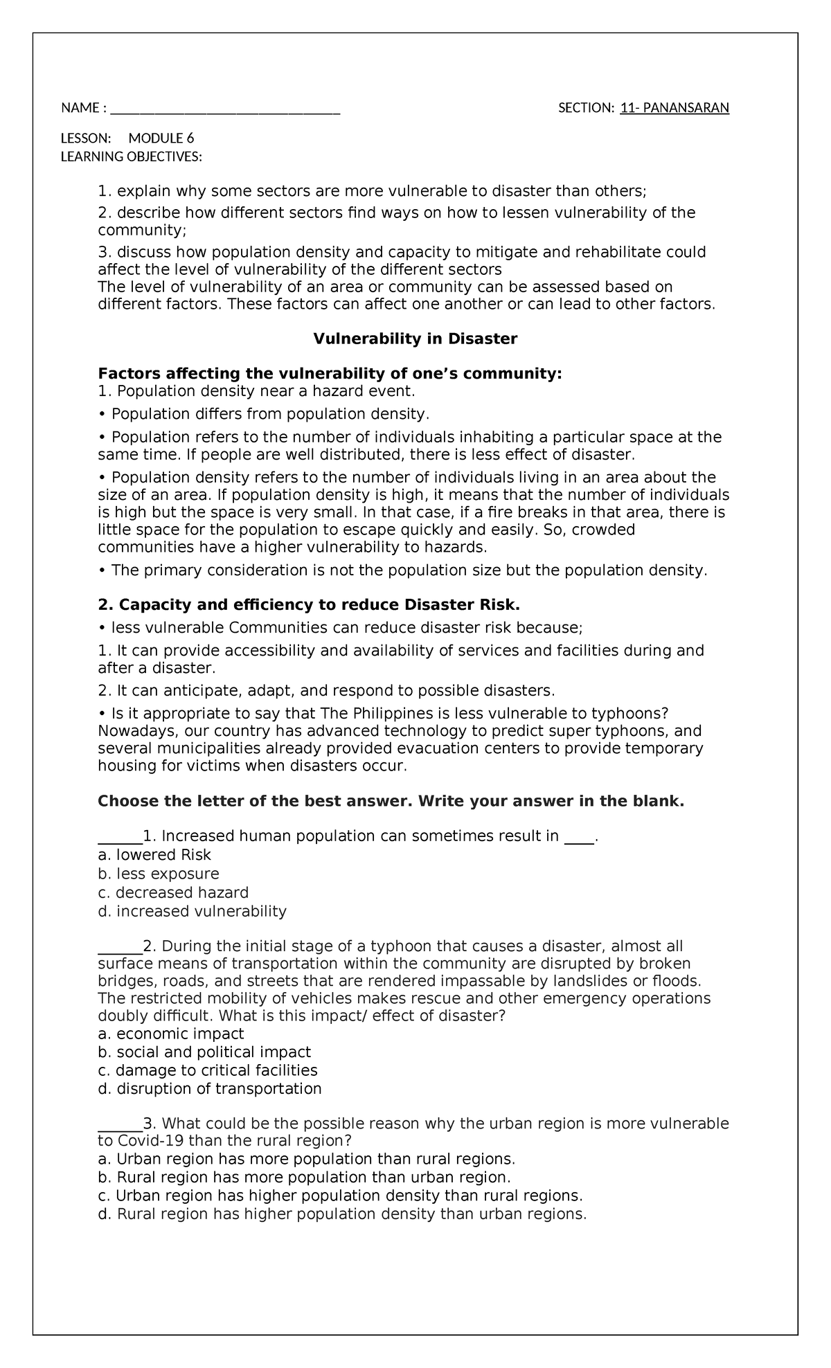DRRM M6 - DRRM - NAME : _______________________________ SECTION: 11- PANANSARAN LESSON: MODULE 6 ...