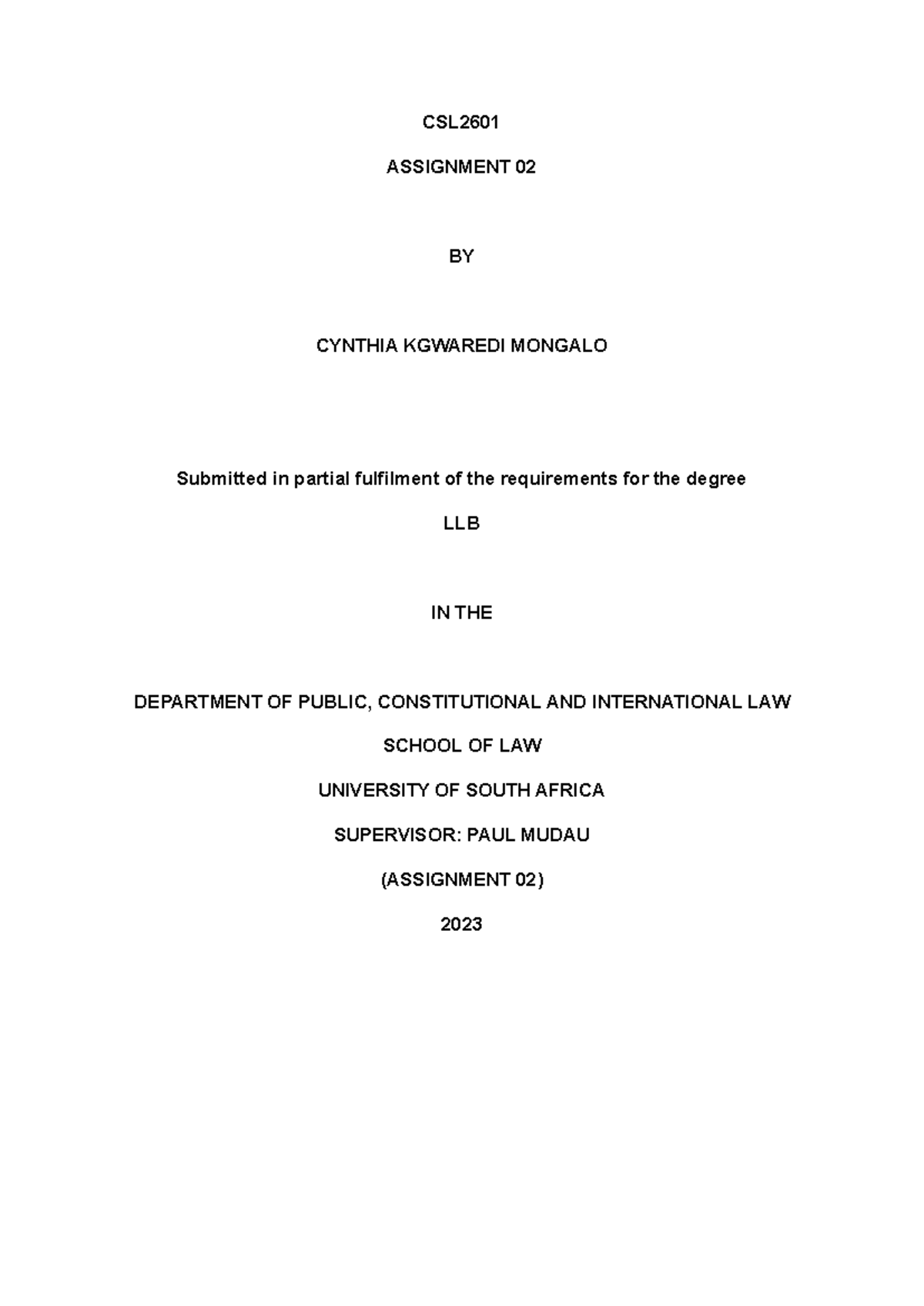 CSL2601 Assignment 02: South African Constitutional Framework Analysis - Studocu