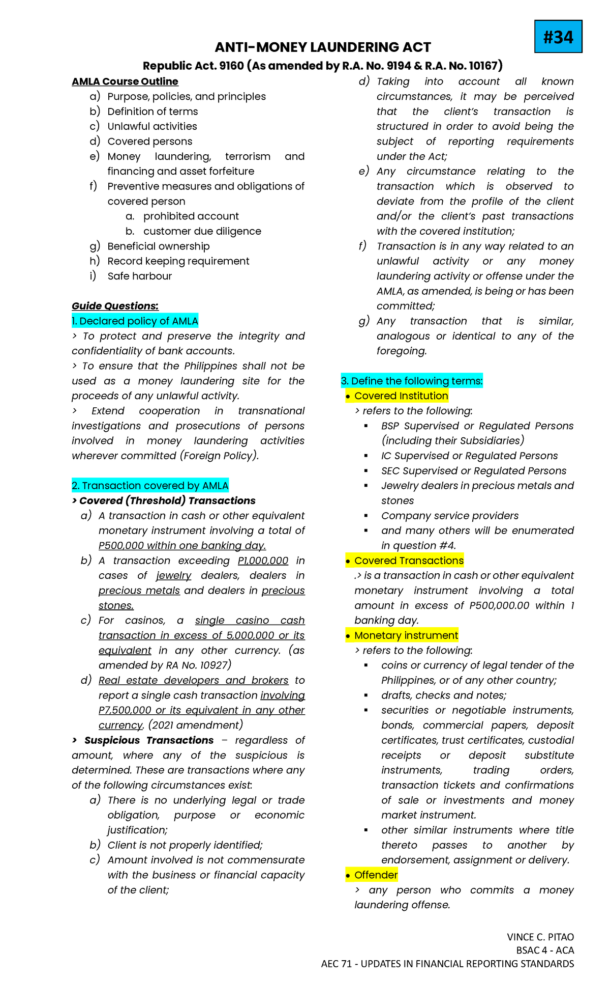 AMLA Law Outline - Key Concepts and Regulations (BSAC 4 - ACA) - Studocu