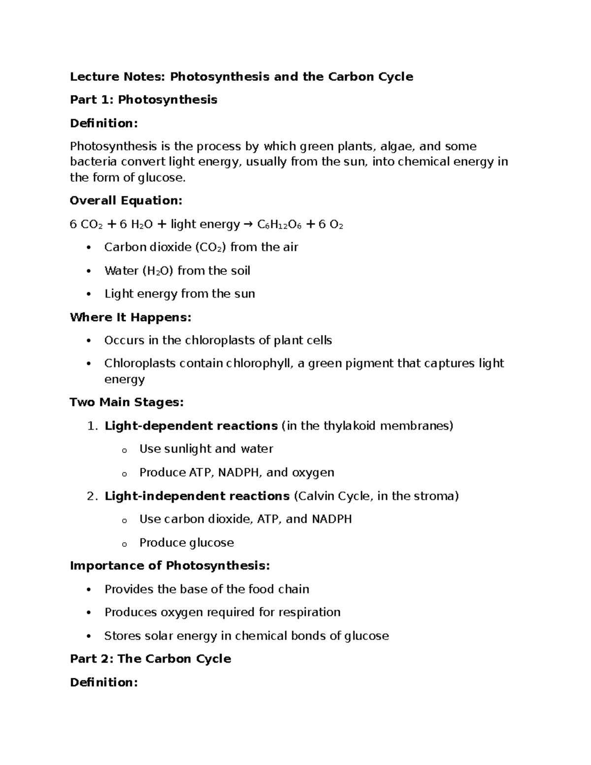 Lecture Notes: Photosynthesis & Carbon Cycle Overview (BIO101) - Studocu