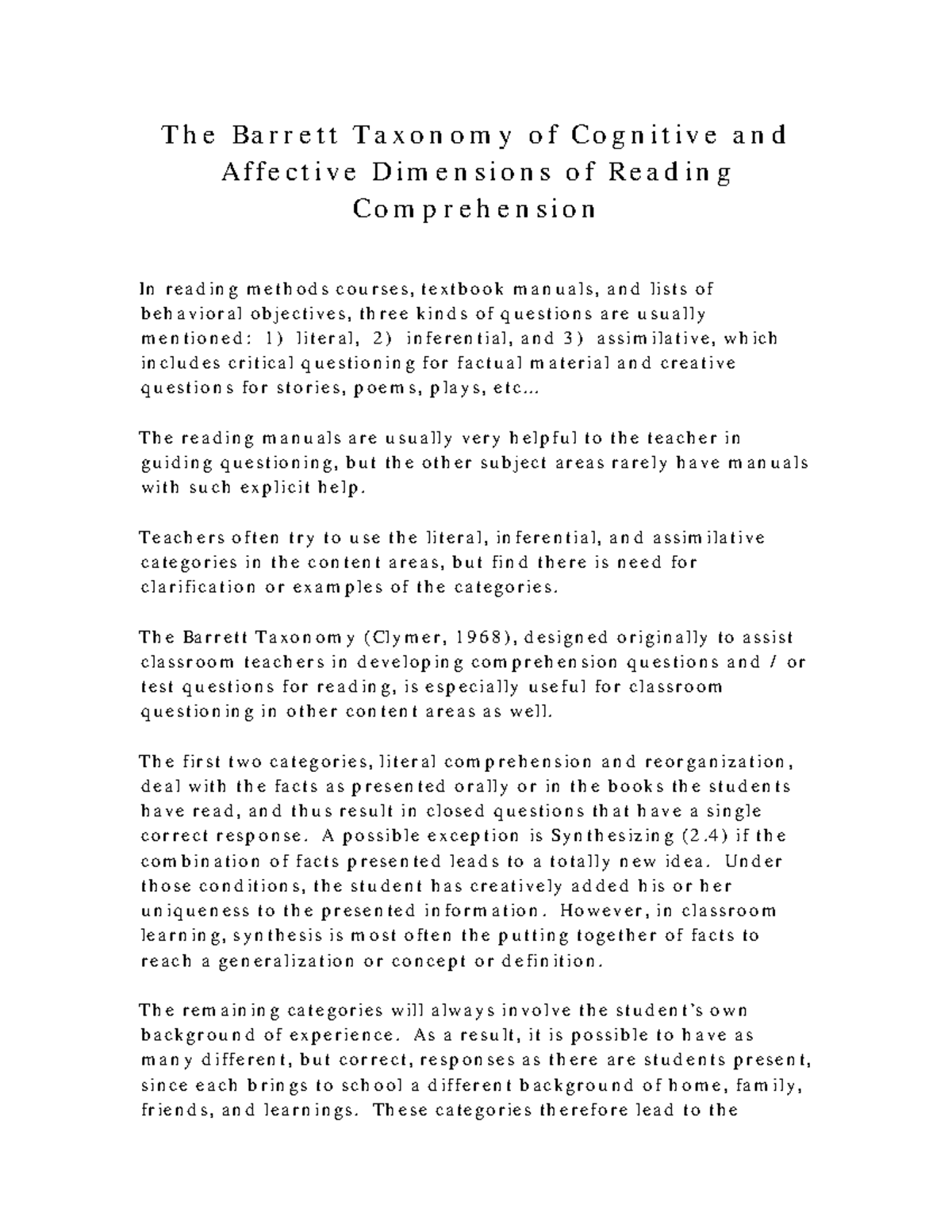 Barrett - Understanding Barret's Reading Comprehension Taxonomy - Studocu