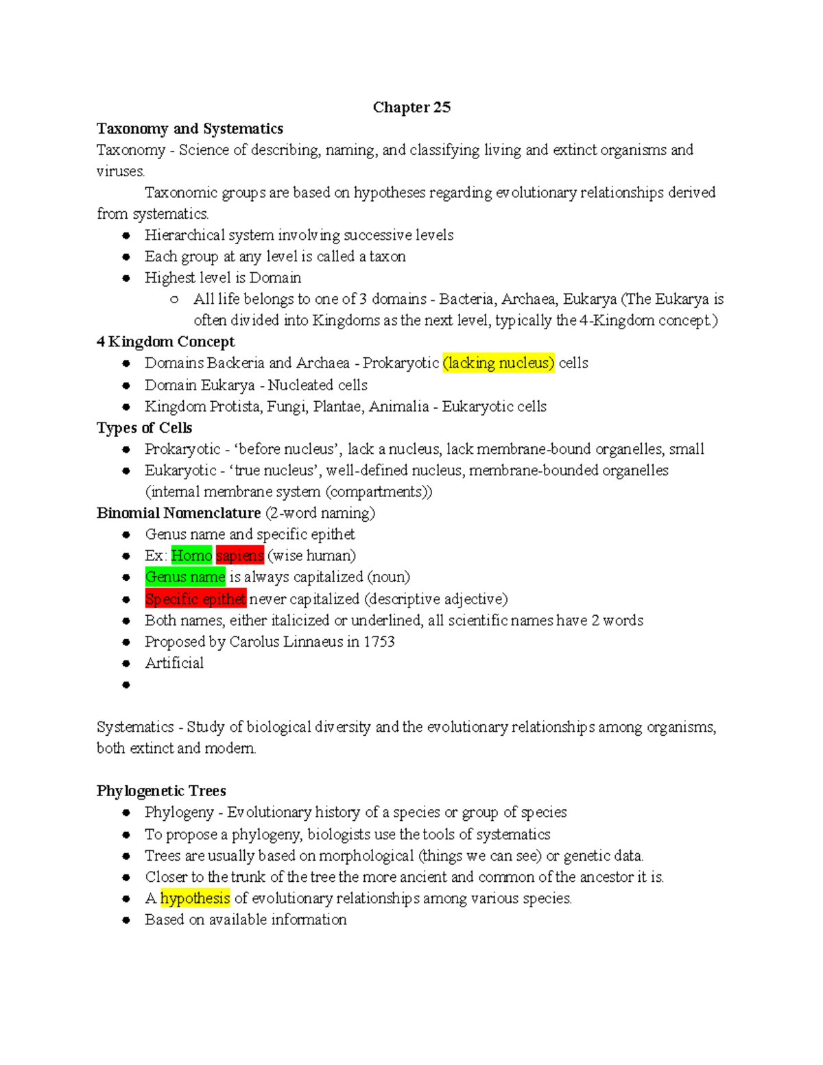 Biology II - Exam 1 Study Notes: Taxonomy & Systematics - Studocu