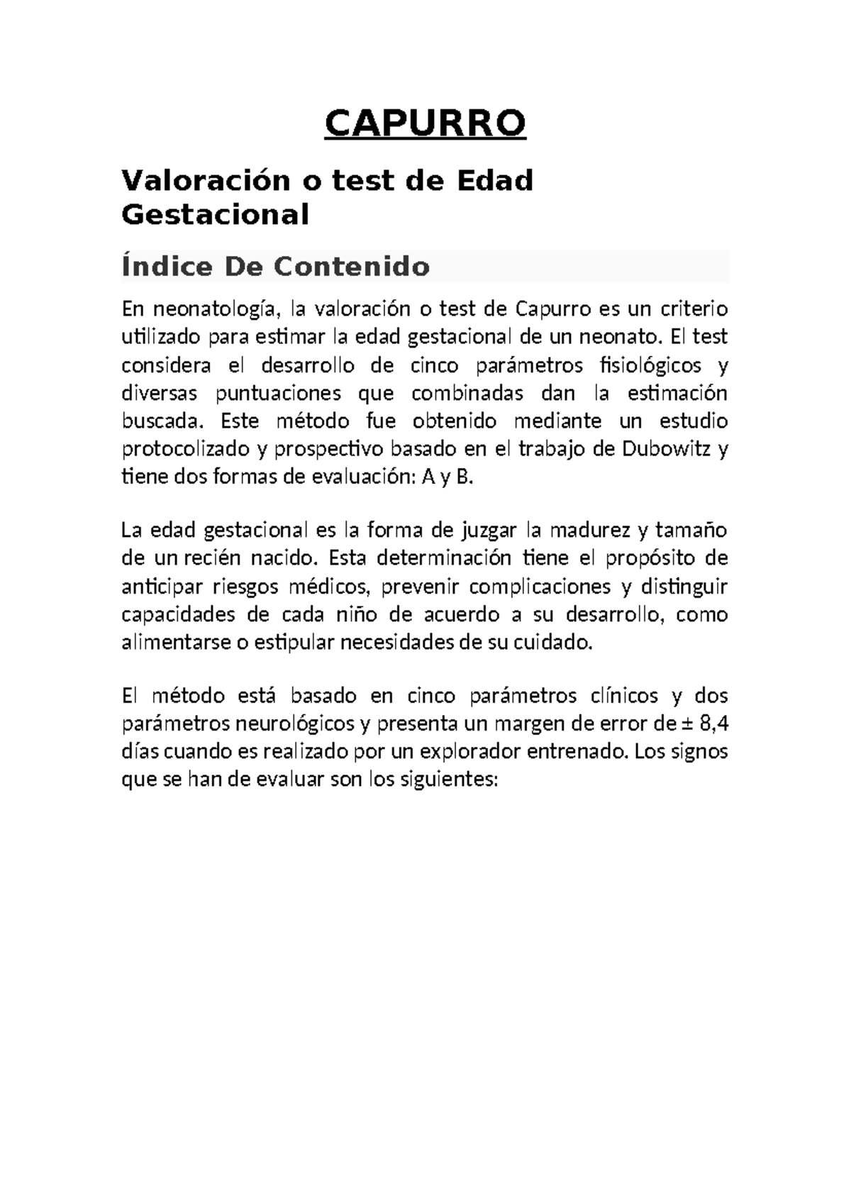 Valoración y Test de Edad Gestacional: Capurro en Neonatología - Studocu