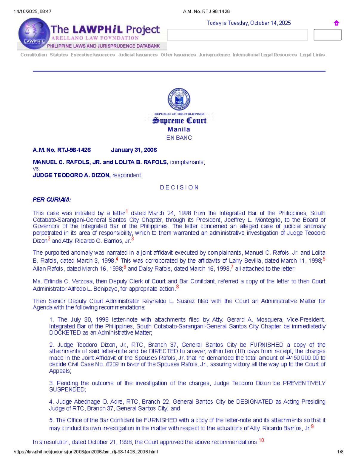 A.M. No. RTJ-98-1426: Judicial Misconduct Case Against Judge Dizon ...