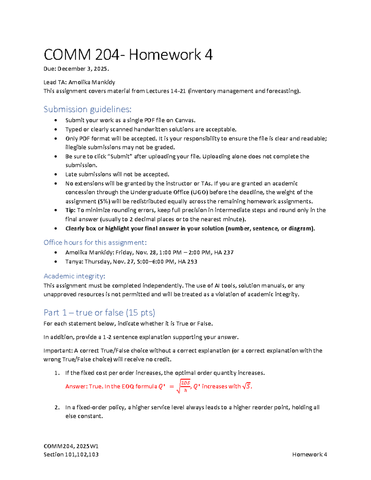 COMM204 Homework 4: Inventory Management & Forecasting Analysis - Studocu