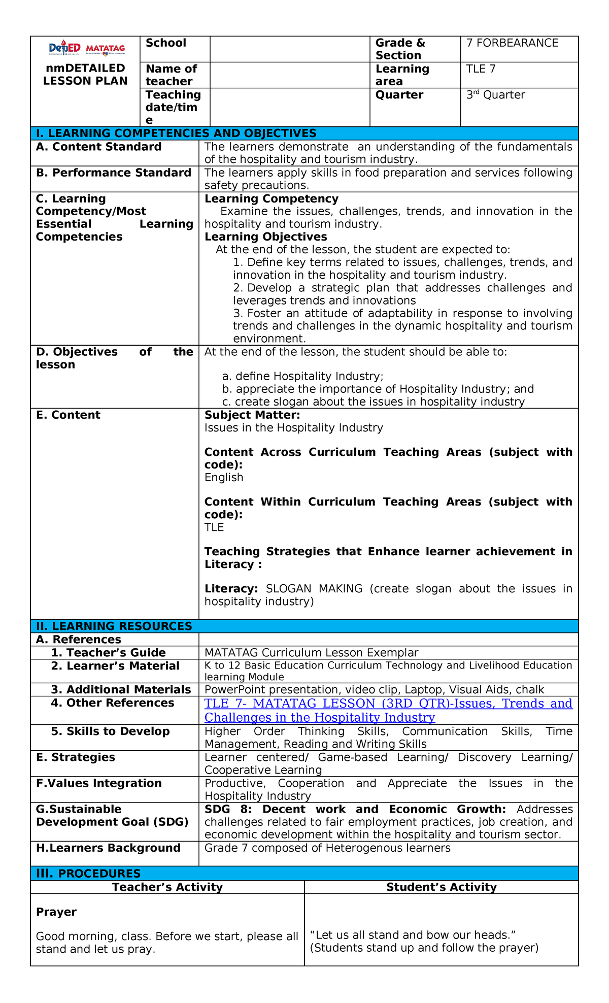 DLP TLE 7 Lesson Plan: Week 3 Issues in Hospitality Industry - Studocu