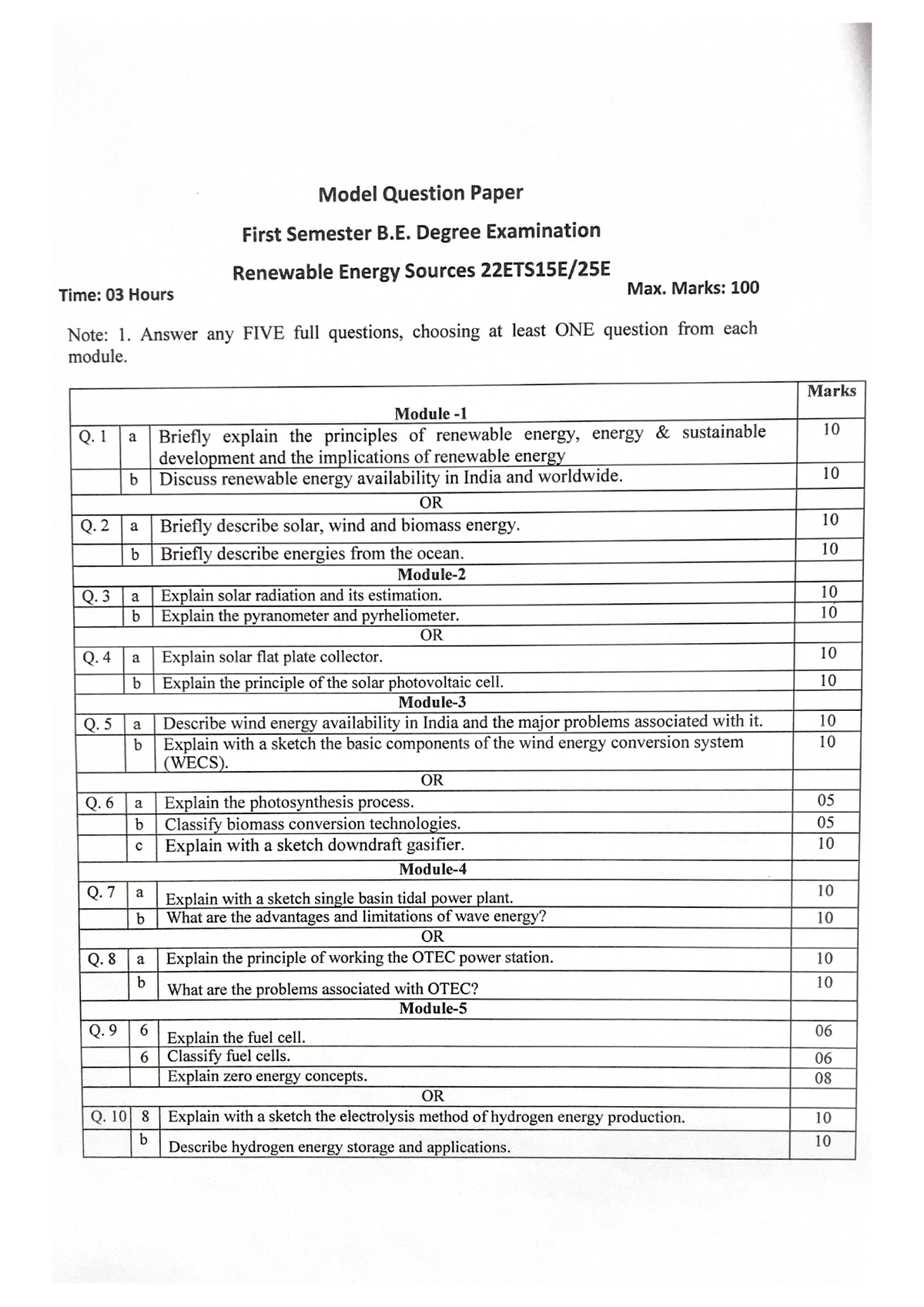 Model Question Paper for Renewable Energy Sources (BETC K 105E) - Studocu